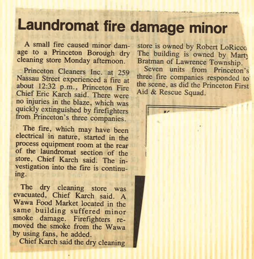 Laundromat fire damage minor - Princeton Hook & Ladder Company